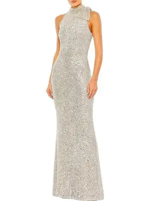 Mac Duggal Sequined Halter Neck Column Gown - Nude Silver