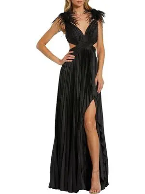 Mac Duggal Pleated Feather Gown - Black