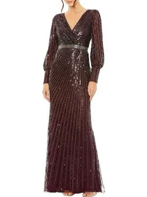 Mac Duggal Sequined Wrap Gown With Bishop Sleeves - Blackberry