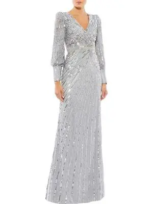 Mac Duggal Sequined Wrap Gown With Bishop Sleeves Silver