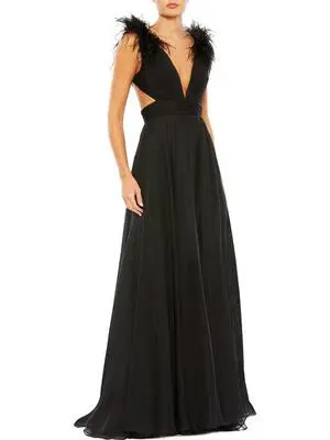 Mac Duggal Feather-trim Plunge A-line Gown - Black