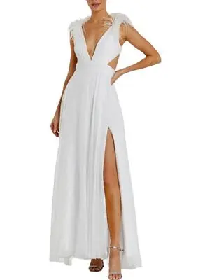 Mac Duggal Feather-trim Plunge A-line Gown - White