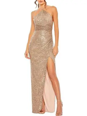 Mac Duggal Sequin Halter Neck Gown - Copper