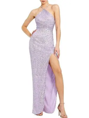 Mac Duggal Sequin Halter Neck Gown - Lilac