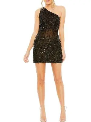 Mac Duggal One-shoulder Hand-beaded Mini Dress - Black