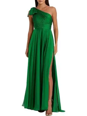 Mac Duggal Pleated One Shoulder Chiffon Gown - Emerald