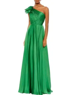 Mac Duggal One-shoulder Pleated Gown - Emerald