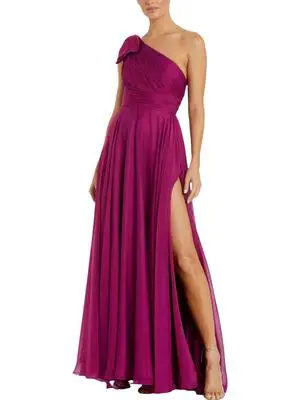 Mac Duggal Pleated One Shoulder Chiffon Gown - Raspberry