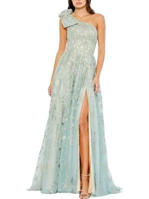 Mac Duggal Embellished Bow One Shoulder A-line Gown - Sage