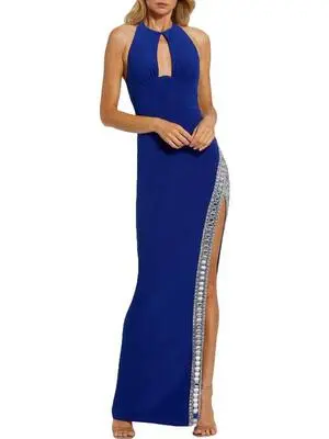Mac Duggal Jersey Beaded Gown With Slit - Cobalt