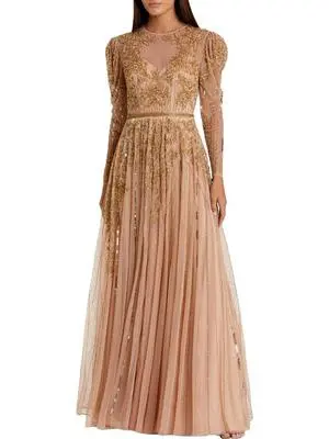 Mac Duggal Beaded Illusion Puff Sleeve Gown - Nude Gold