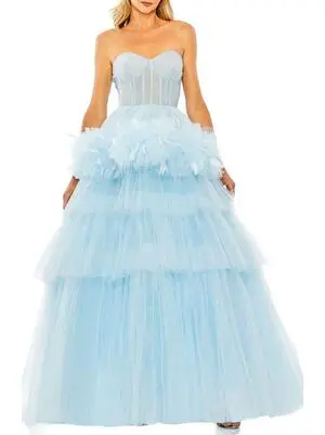Mac Duggal Feather-trimmed Tulle Ballgown - Ice Blue