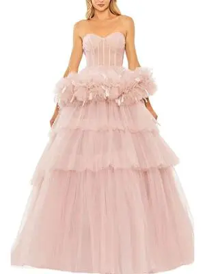 Mac Duggal Feather-trimmed Tulle Ballgown - Rose