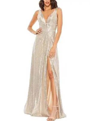 Mac Duggal Metallic Sequined Gown - Nude Silver