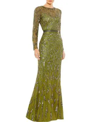 Mac Duggal Abstract Beaded Evening Gown - Olive