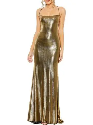 Mac Duggal Metallic Corset Back Column Gown - Antique Gold