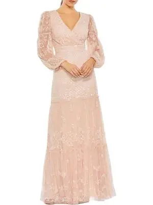 Mac Duggal Sequined Tiered Wrap-over Gown With Puff Sleeves - Blush