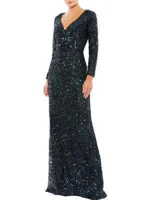 Mac Duggal Long Sleeve Sequined Gown - Midnight