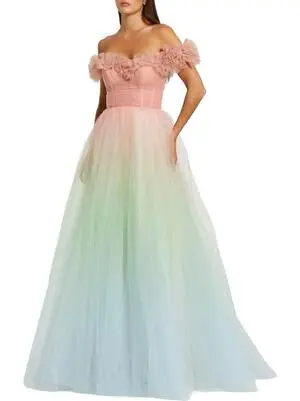 Mac Duggal Off-the-shoulder Ombre Tulle Ballgown - Pink Sorbet