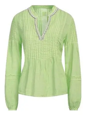 120% Lino Linen Blouse With Appliqués - Green