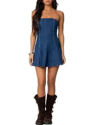 EDIKTED Fara Studded Strapless Godet Denim Minidress - Blue