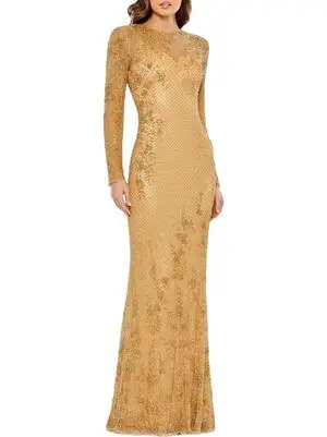 Mac Duggal Embellished Long Sleeve Evening Gown - Gold