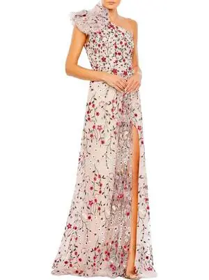 Mac Duggal Embellished Ruffled One-shoulder Gown - Rose Multi