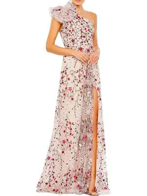 Mac Duggal Embellished Ruffled One-shoulder Gown - Rose Multi
