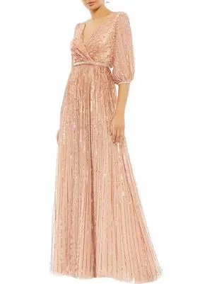Mac Duggal Sequined Wrap Gown - Apricot