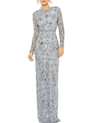 Mac Duggal High Neck Long Sleeve Embellished Column Gown - Slate Blue