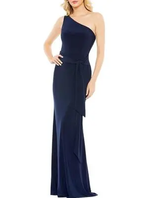 Mac Duggal Jersey One-shoulder Trumpet Gown - Midnight