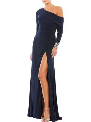 Mac Duggal Beaded Cuff Drop Shoulder Faux Wrap Gown - Midnight