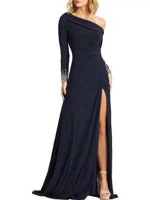 Mac Duggal Drop Shoulder Gown With Beaded Cuffs - Midnight