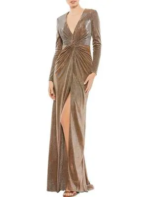 Mac Duggal Metallic Twist-front Gown - Bronze