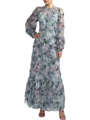 Mac Duggal Floral Chiffon High-neck Gown - Platinum Multi
