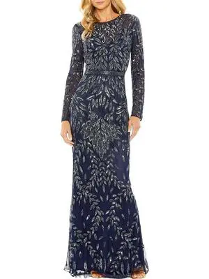 Mac Duggal Long Sleeve Embellished Gown - Midnight