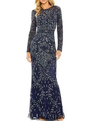 Mac Duggal Long Sleeve Embellished Gown - Midnight
