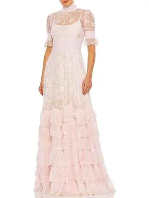 Mac Duggal Embroidered Tiered Gown With Smocked Neckline - Rose Pink