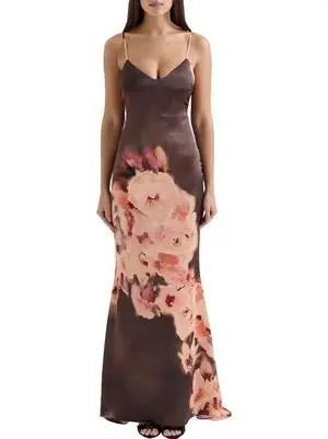 House Of Cb Mariamma Placement Print Satin Gown - Floral Print