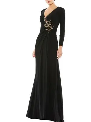 Mac Duggal V-neck Long Sleeve Appliqué Gown - Black