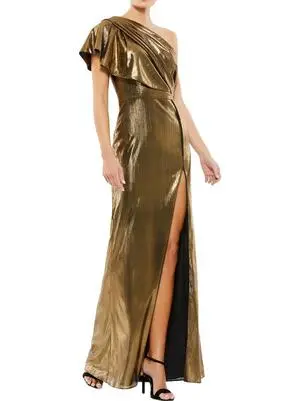 Mac Duggal Ruffled One-shoulder Metallic Gown - Bronze