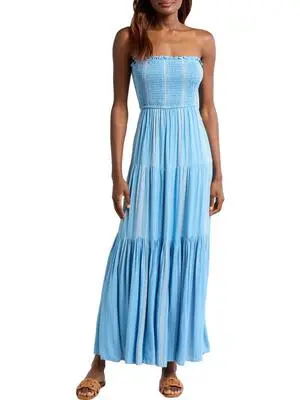 ELAN Elan Embroidered Stripe Strapless Tiered Dress