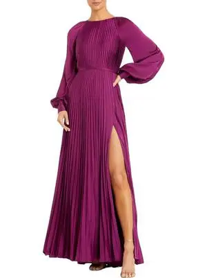 Mac Duggal Pleated High Neck Raglan Long Sleeve Gown With Slit - Berry