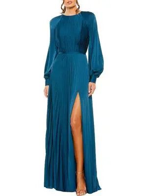 Mac Duggal Pleated High Neck Raglan Long Sleeve Gown With Slit - Peacock