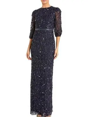 Mac Duggal Sequined Gown With Sleeves - Midnight