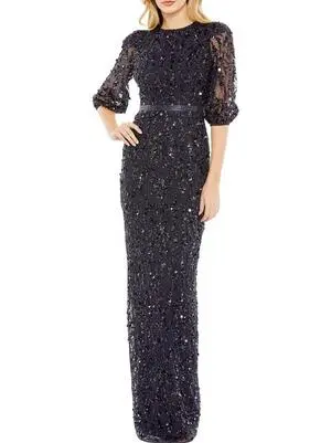 Mac Duggal Sequined Gown With Sleeves - Midnight