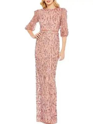 Mac Duggal Mac Duggal Sequined Gown With Sleeves Rosewood