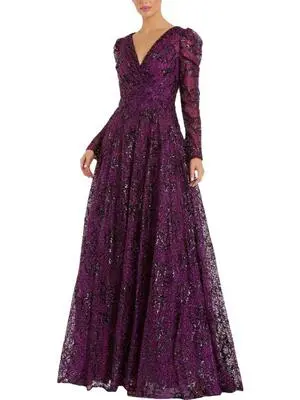 Mac Duggal Embellished V-neck A-line Gown - Plum