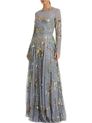 Mac Duggal Embellished Illusion Evening Gown - Platinum Gold