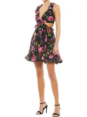 Mac Duggal Floral Ruffle Lace-up Mini Dress - Black Multi